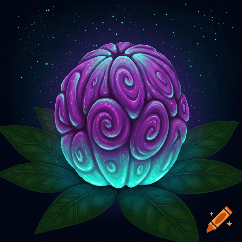 Glowing swirled purple and teal fantasy fruit on green leaves against a ...
