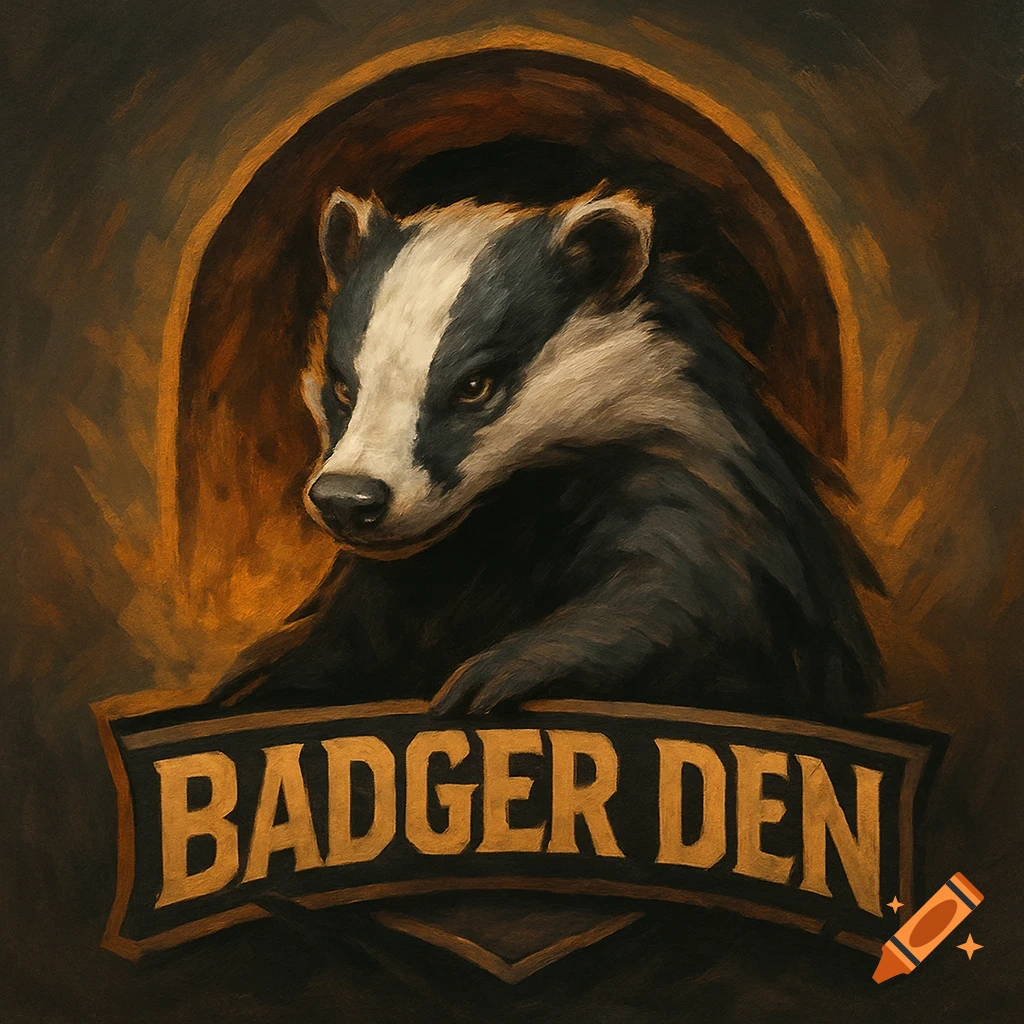 Painterly logo of a badger head above a banner reading "BADGER DEN" on ...