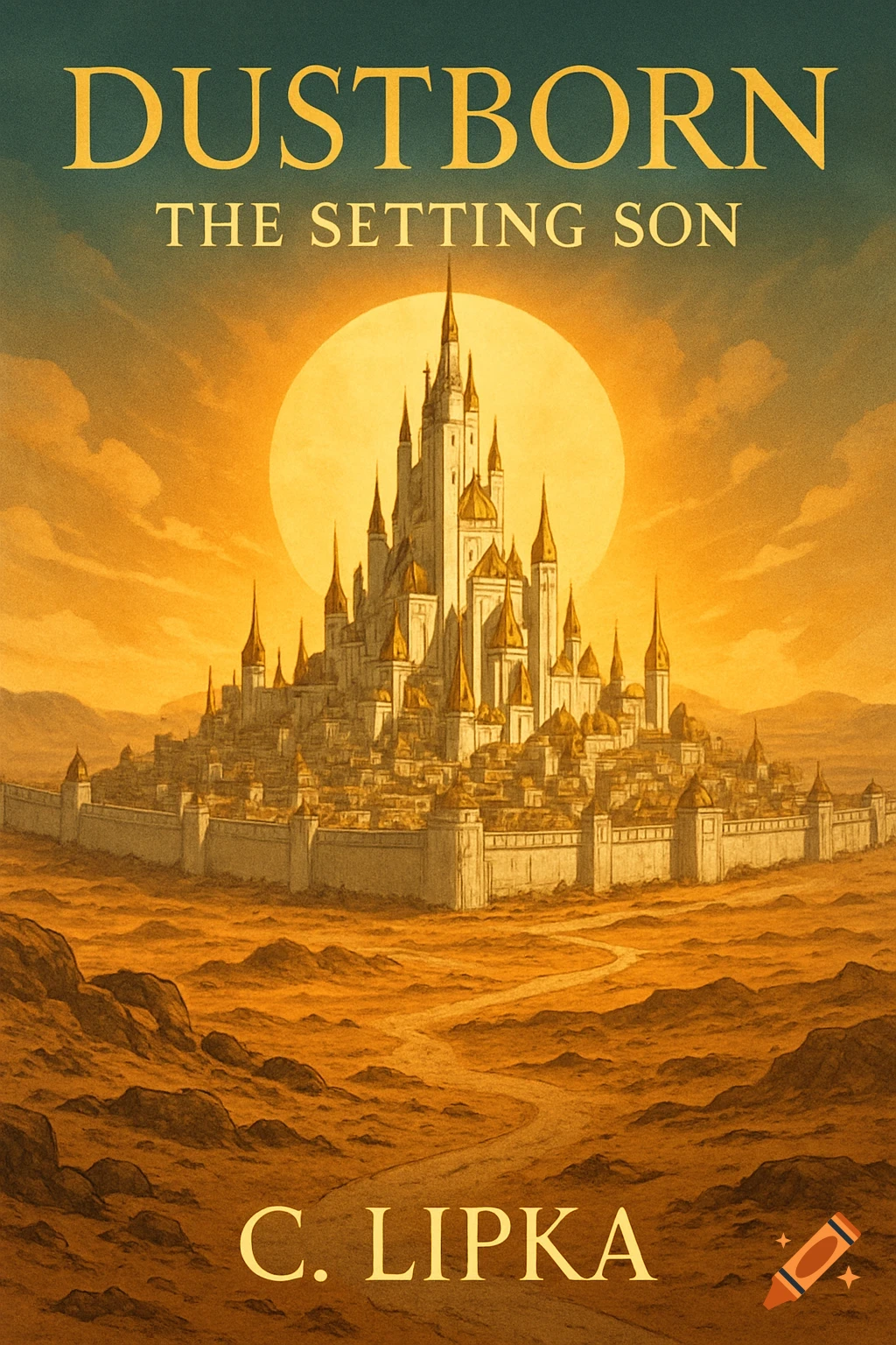 Fantasy book cover art of a citadel and city wall in a desert under a ...