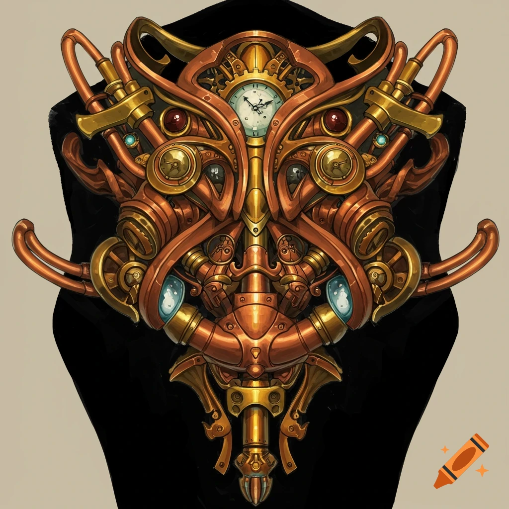 Intricate steampunk mask or shield design made of copper and brass with ...