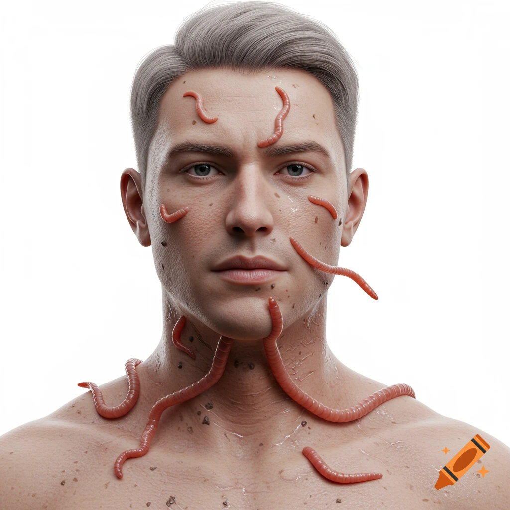 Photorealistic portrait of a man with pale skin covered in worms on his ...