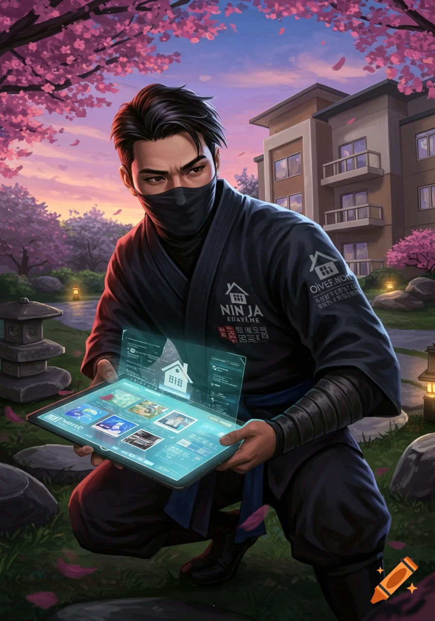 A ninja holding a glowing tablet in a Japanese garden with cherry ...