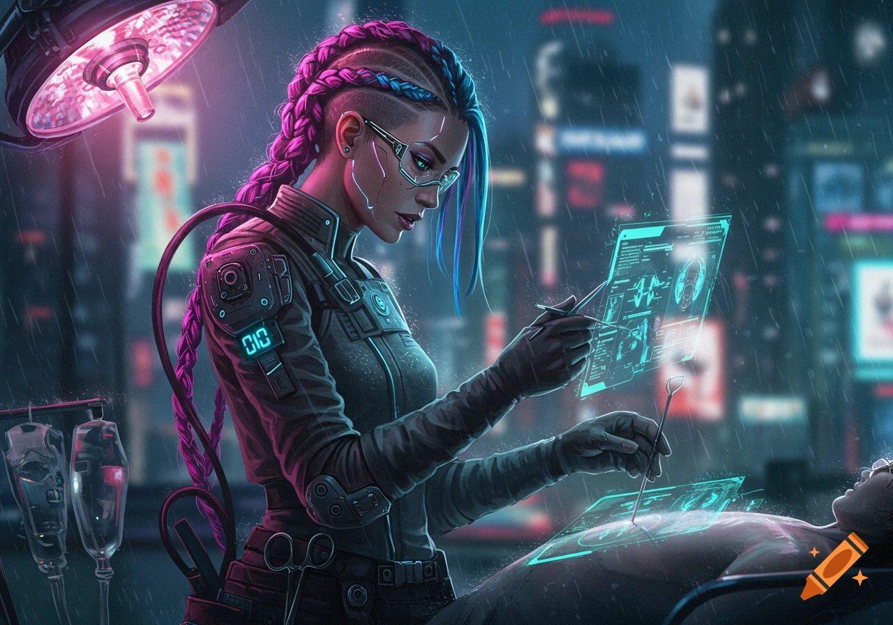 Cyberpunk woman performs surgery on a patient in a rainy street clinic ...