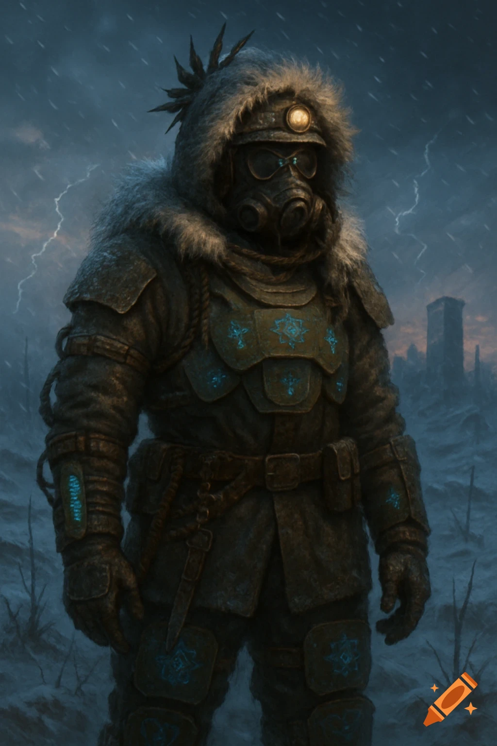 A warrior in a gas mask and fur armor stands in a snowy, stormy ...