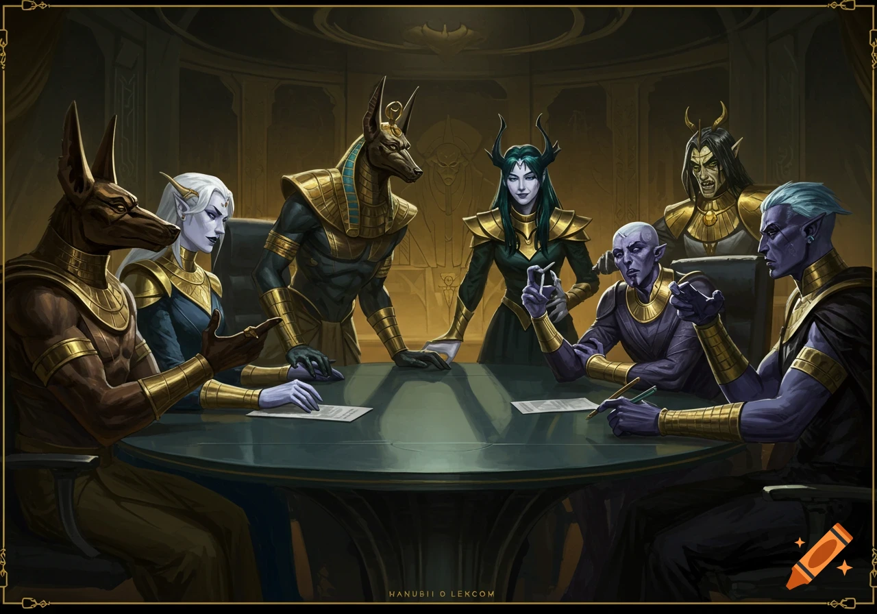 Mythological figures and deities meet around a table in a stylized ...
