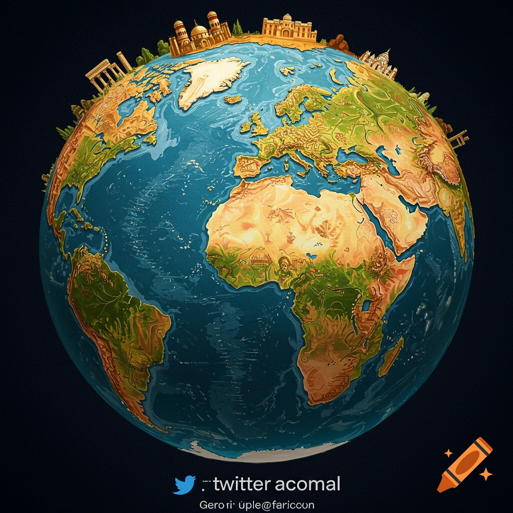 A stylized illustration of planet Earth with continents and famous ...