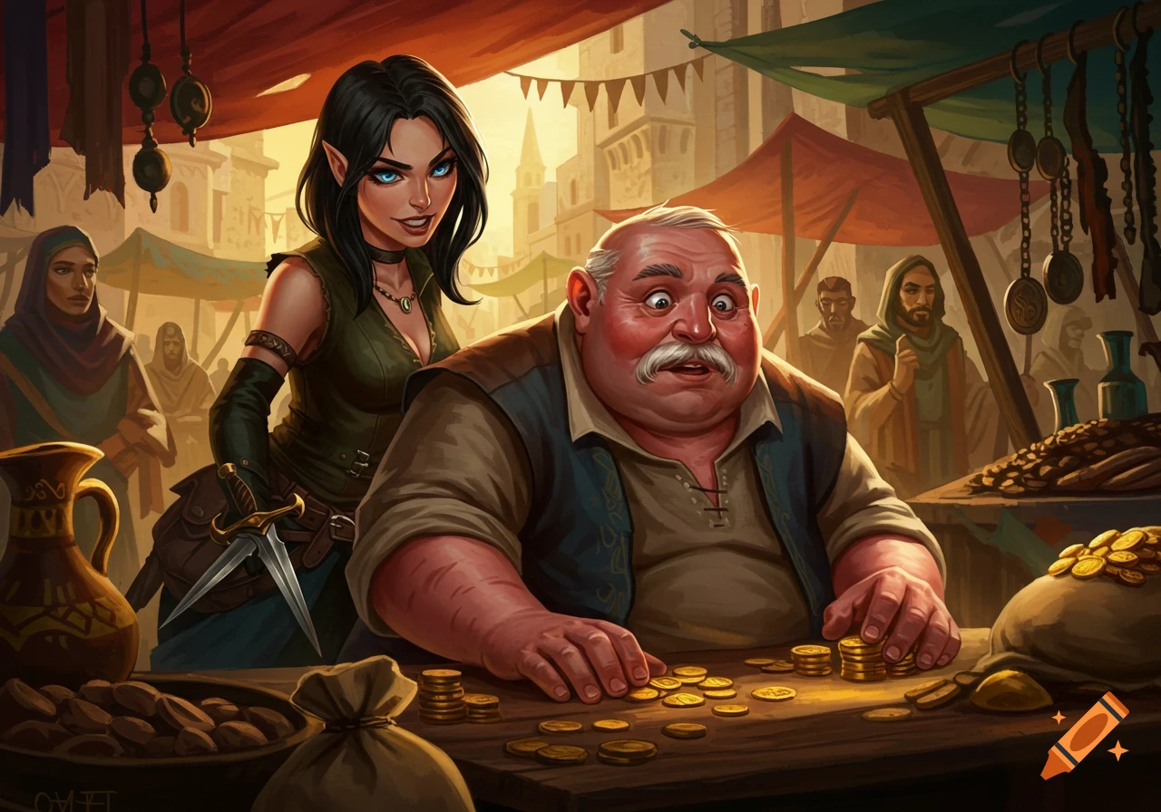 Fantasy illustration of a female thief behind a surprised merchant ...