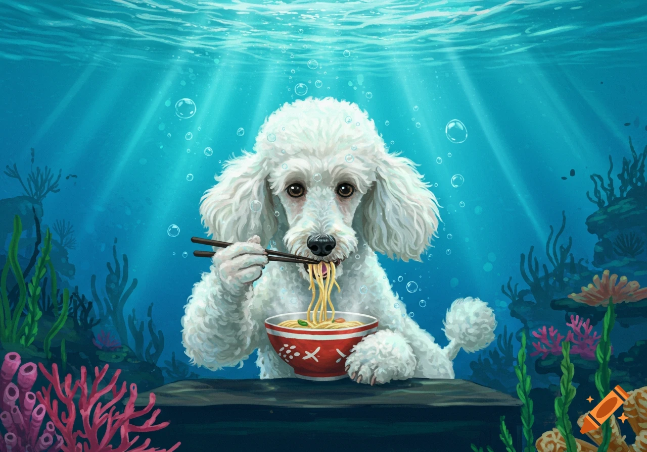 White poodle eating noodles with chopsticks underwater. on Craiyon