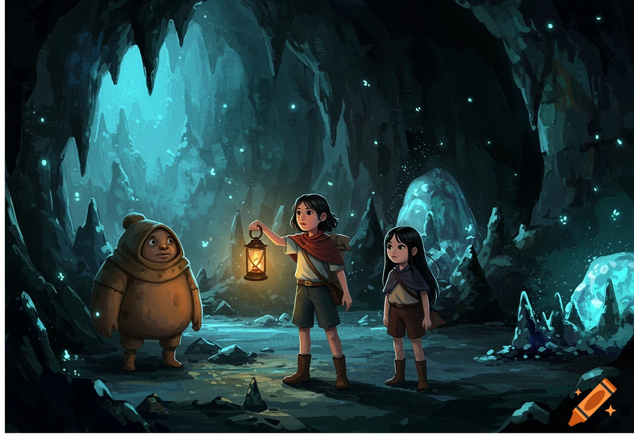 Three figures explore a glowing mystical cave, one holds a lantern. on ...