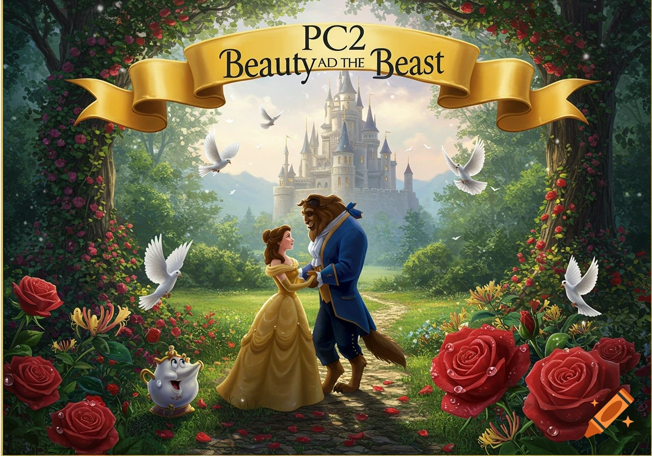 Beauty and the Beast characters Belle and Beast stand in a rose garden ...
