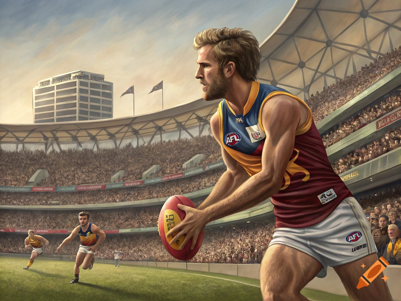 A man in a Brisbane Lions AFL jersey holds a football on a stadium ...