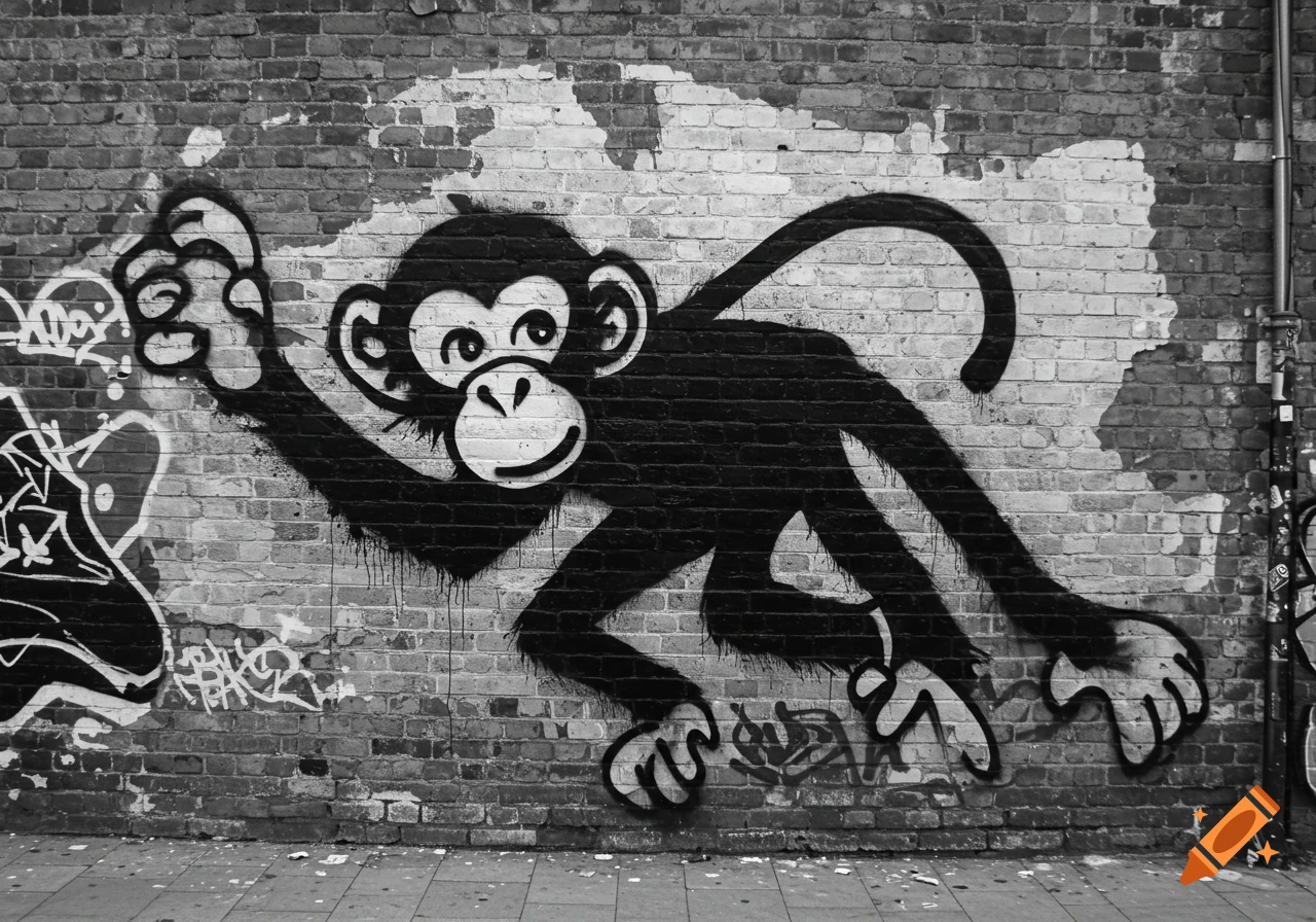 Black and white photo of a black monkey graffiti spray painted on a ...