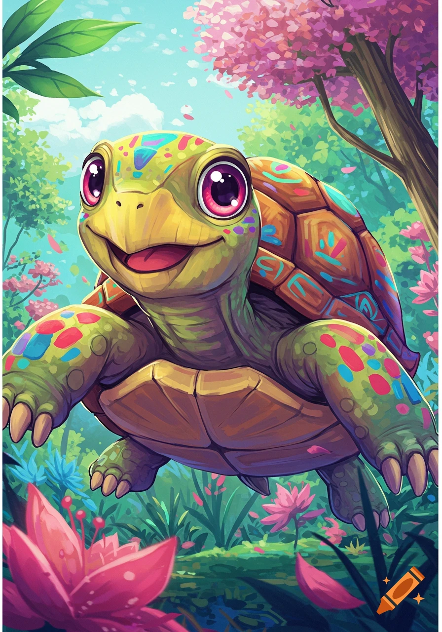 A cute anime-style turtle floats in a vibrant forest scene with pink ...