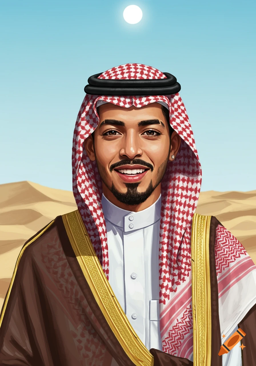 A smiling man wearing traditional Saudi attire stands in the desert under a bright sun. on Craiyon