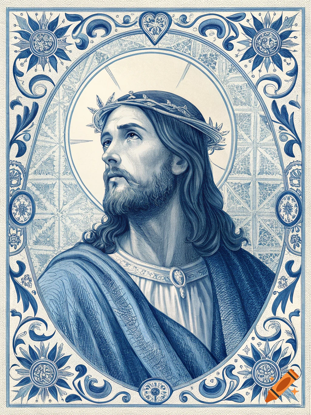 Portrait of Jesus Christ in blue and white Portuguese tile style on Craiyon