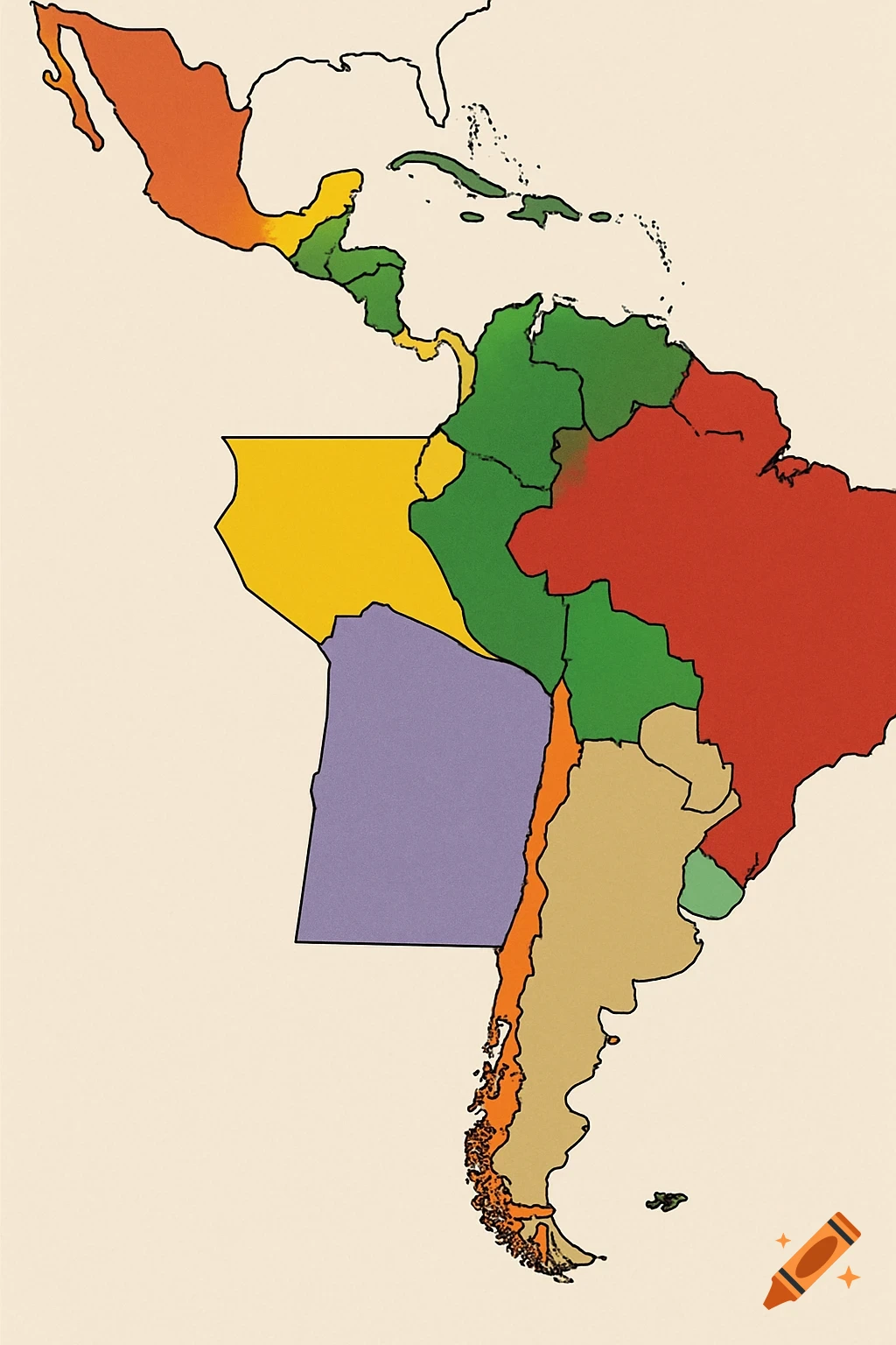 Colorful map of Latin America with historical country borders. on Craiyon