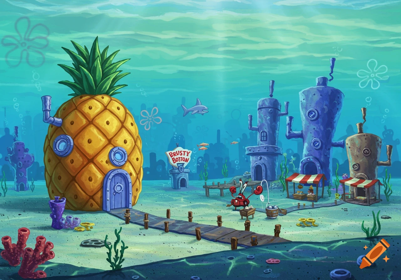 Underwater cartoon scene of Bikini Bottom with Spongebob's pineapple ...