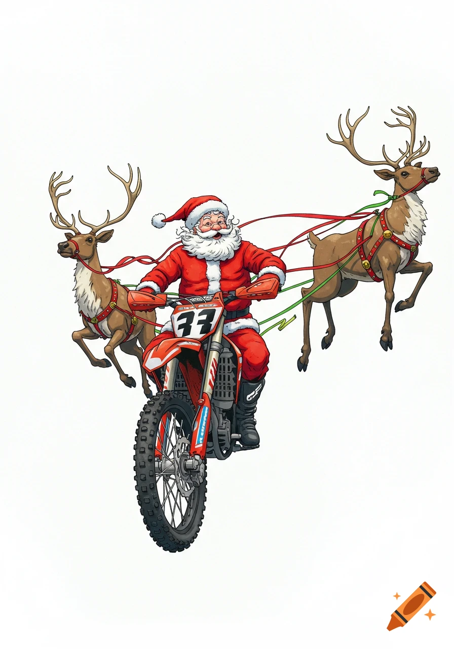 Illustration of Santa Claus riding a motocross bike pulled through the sky by reindeer. on Craiyon