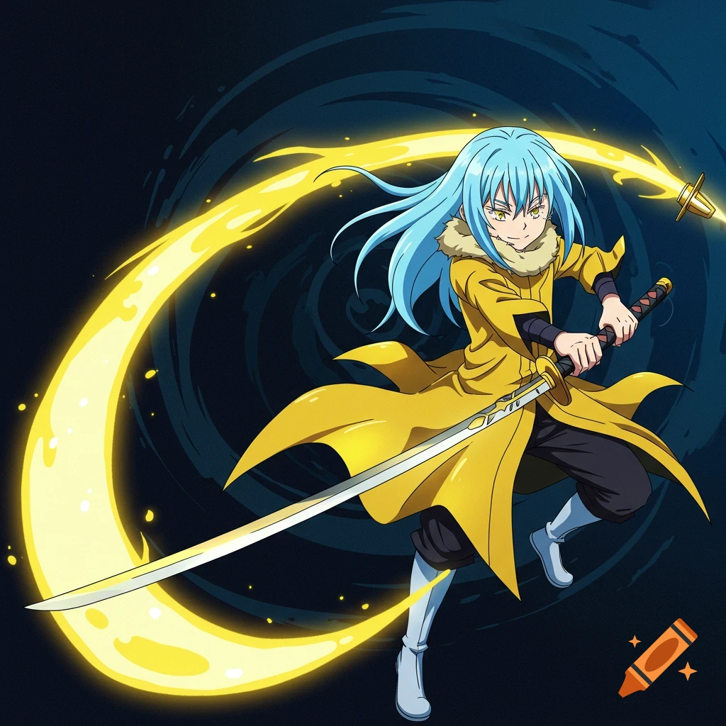Anime character with light blue hair in yellow coat swinging two swords ...