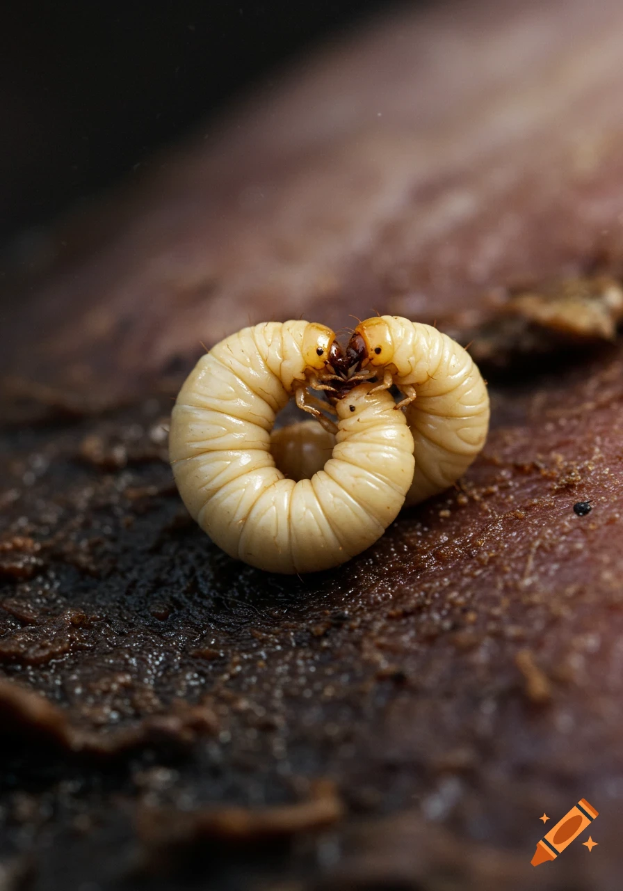Two pale yellow grubs or larvae are curled up facing each other on a ...