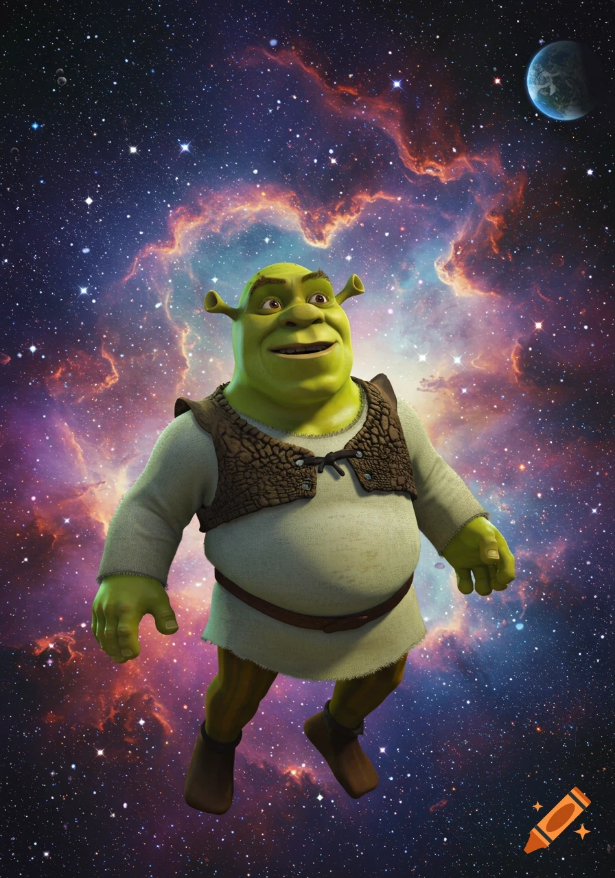 Shrek floats in front of a vibrant nebula in space. on Craiyon