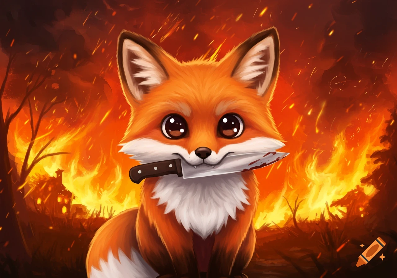 Cute cartoon fox with bloody knife in mouth in front of burning forest ...