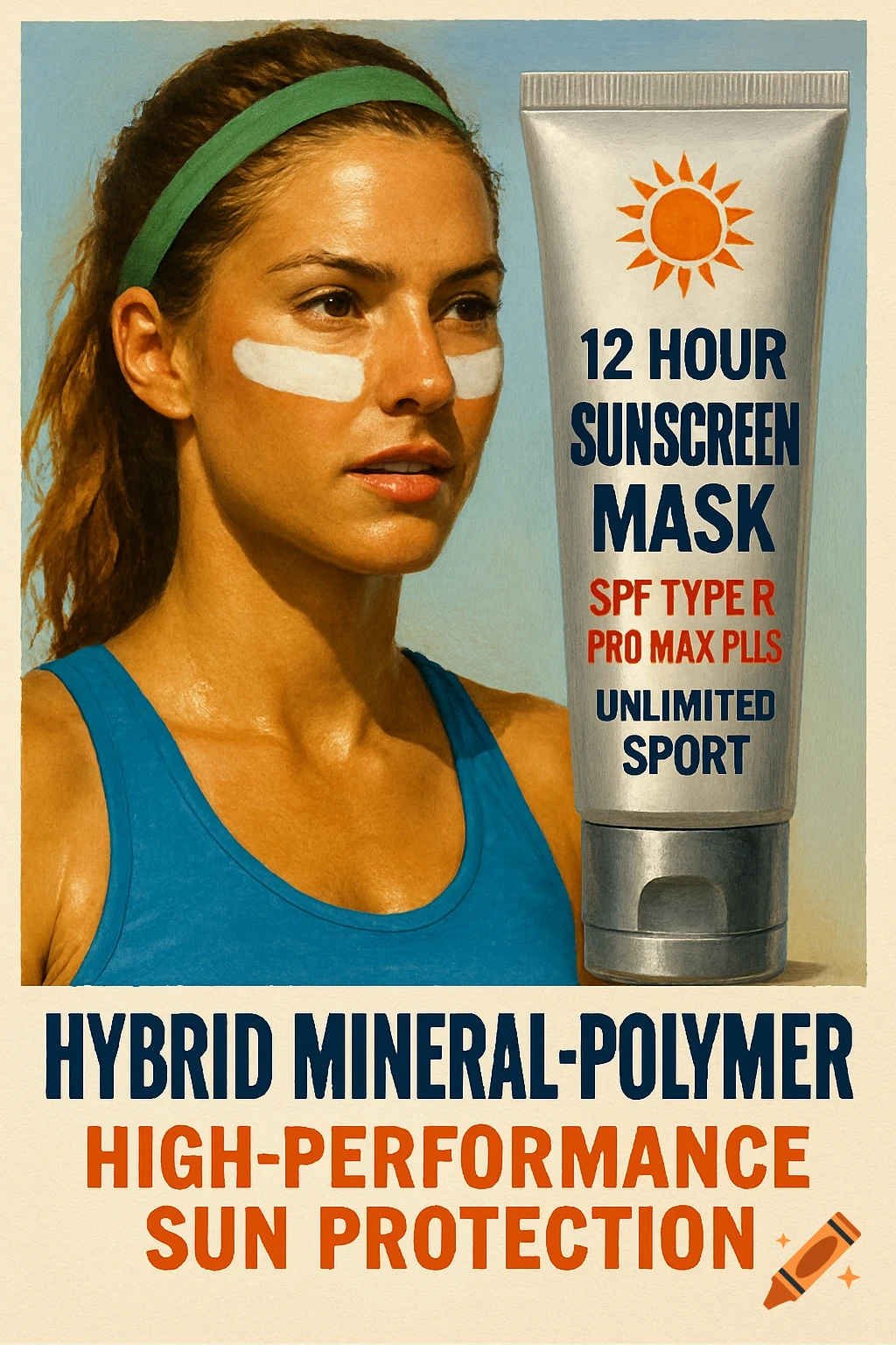 Advertisement of a woman with sunscreen on her face next to a tube of ...