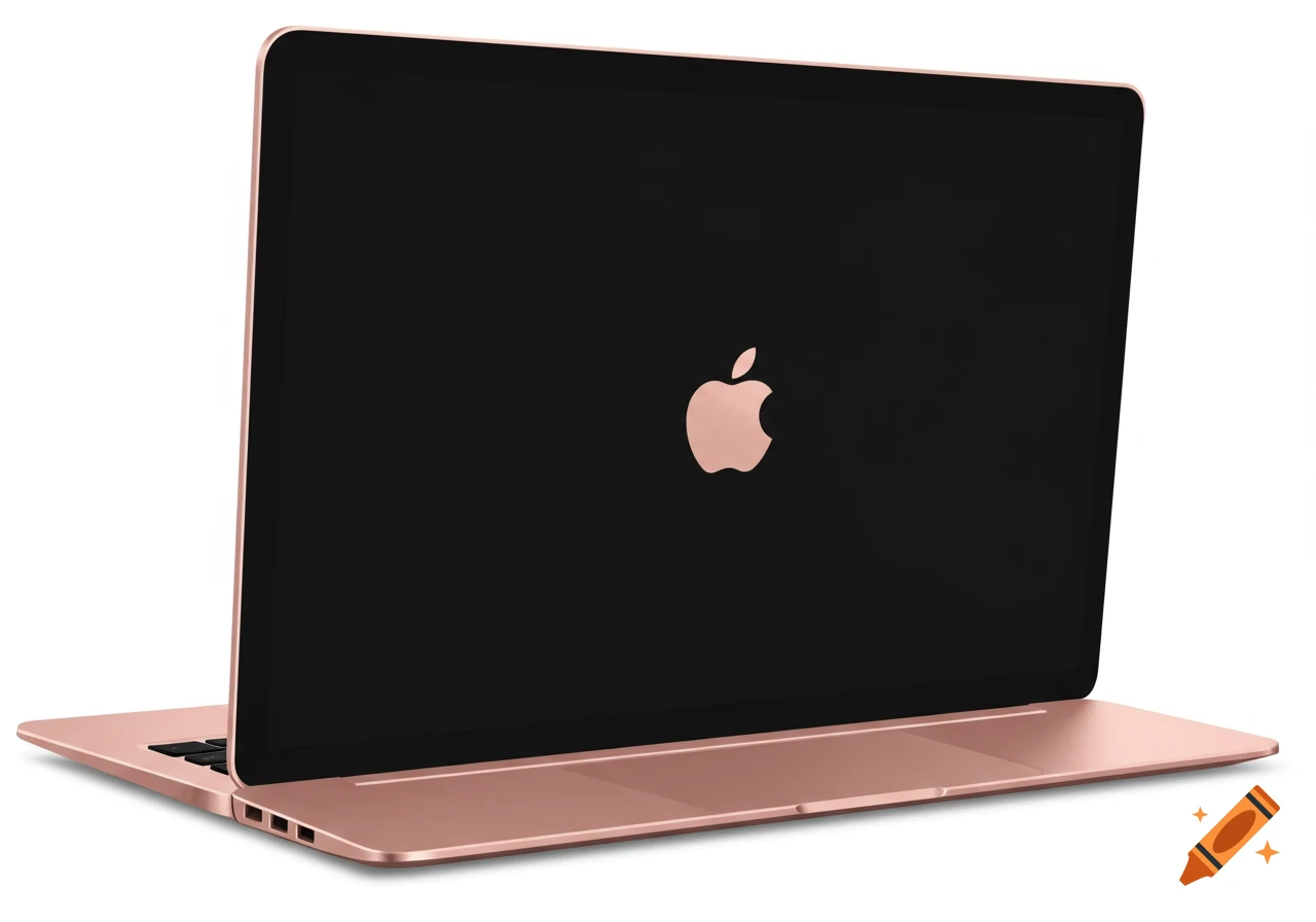 Rose gold laptop with a black screen and Apple logo, viewed from the ...