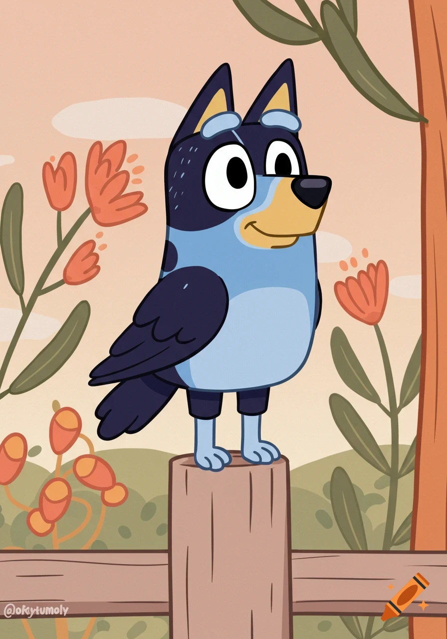 Cartoon Australian magpie in Bluey style standing on a fence post in a ...