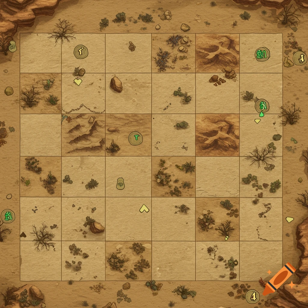 Top-down view of a desert-themed board game board divided into squares ...