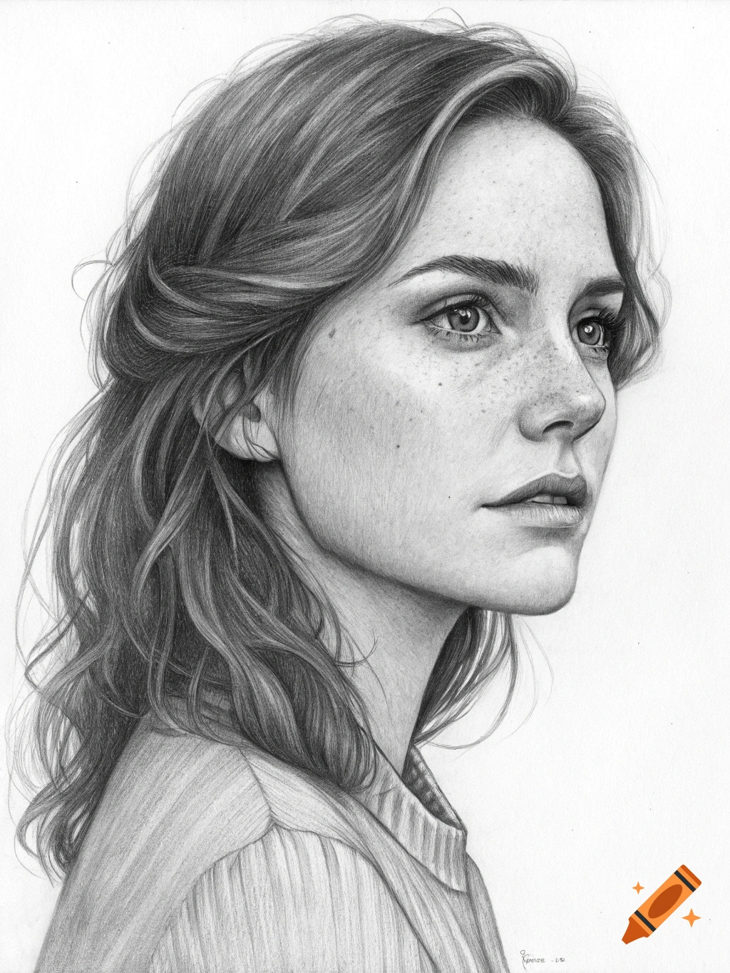 Pencil drawing portrait of a woman with freckles looking to the side on ...