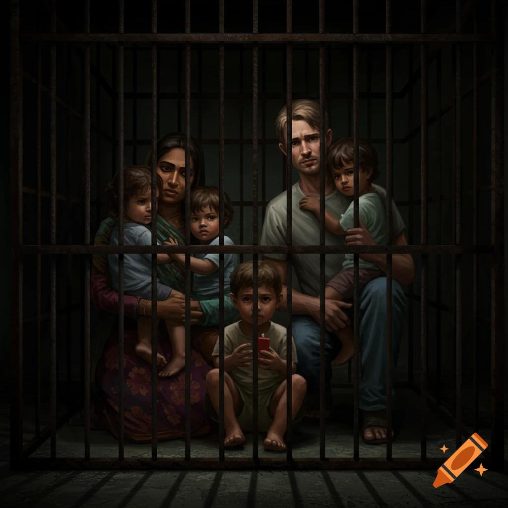 A family, including adults and children, looks out from inside a dark ...