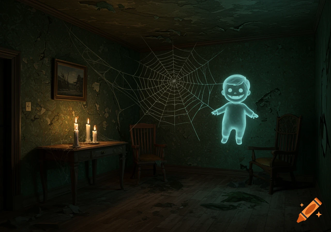 A translucent ghost of a boy floats in a haunted room with candles and ...