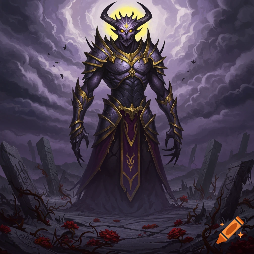 A dark fantasy illustration of a horned, armored demon standing in a ...
