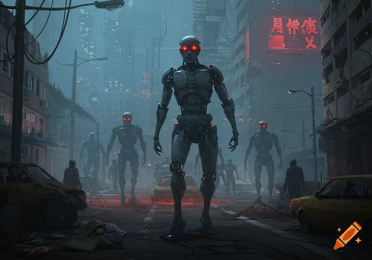 Robots stand in a ruined, futuristic city street under a hazy sky. on ...