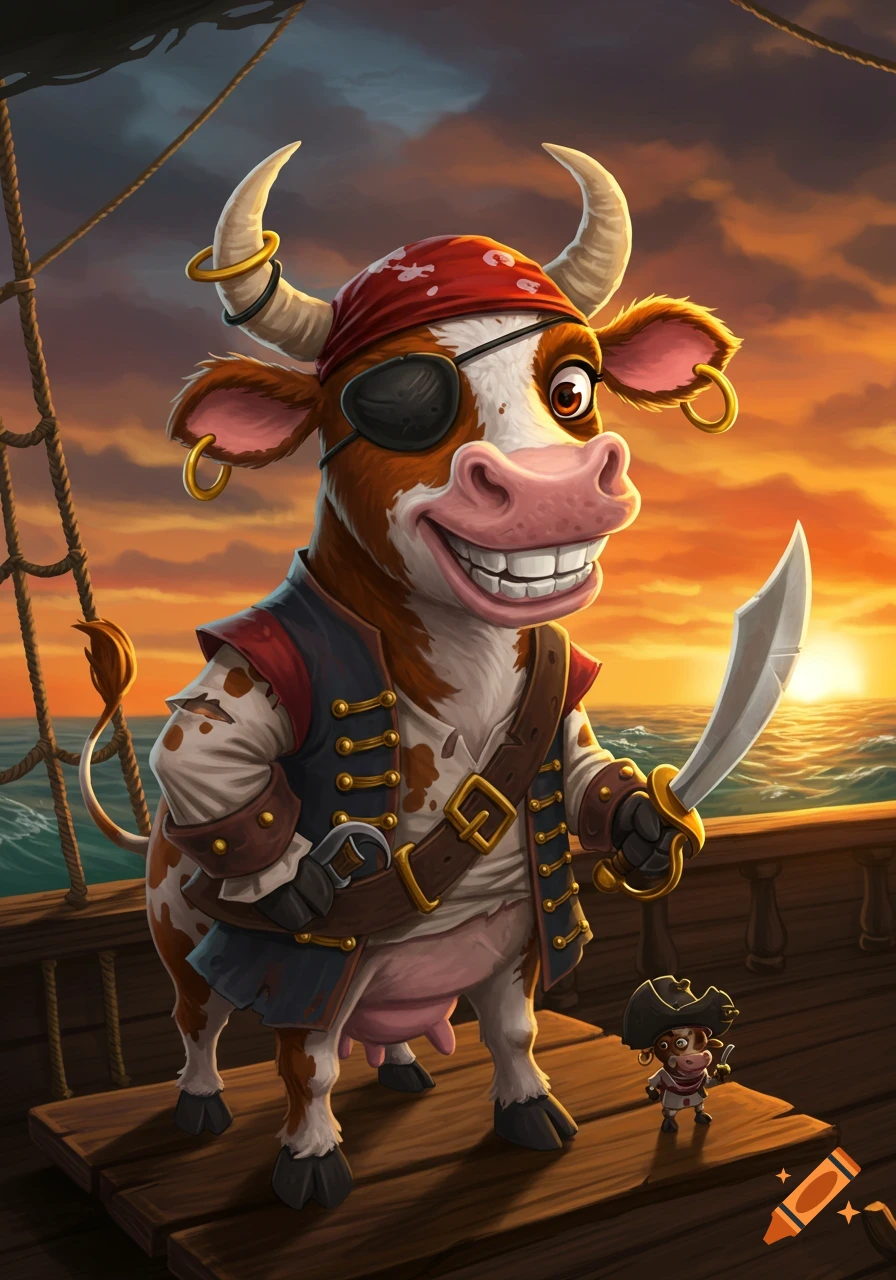Cartoon cow dressed as a pirate stands on a ship deck holding a sword ...