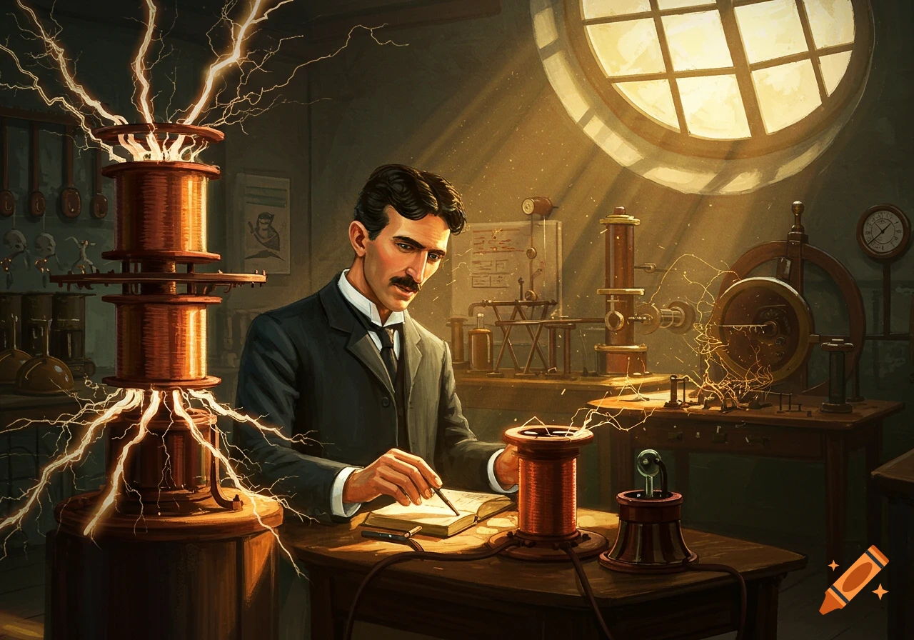 Nikola Tesla works at a desk in his laboratory with sparking electrical ...