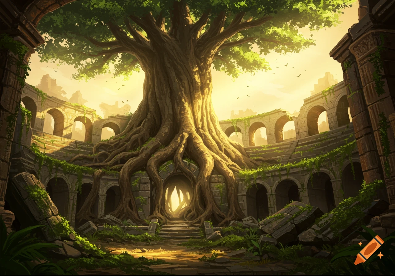 A giant tree with large roots growing in the center of an overgrown ...