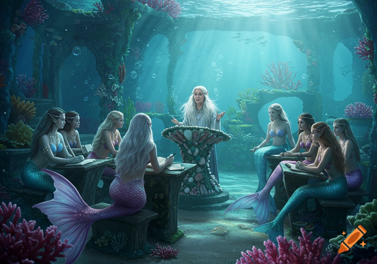 Mermaids sit at desks in an underwater classroom listening to a ...