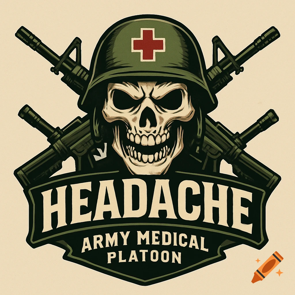 An illustrated military style logo featuring a skull wearing a helmet ...