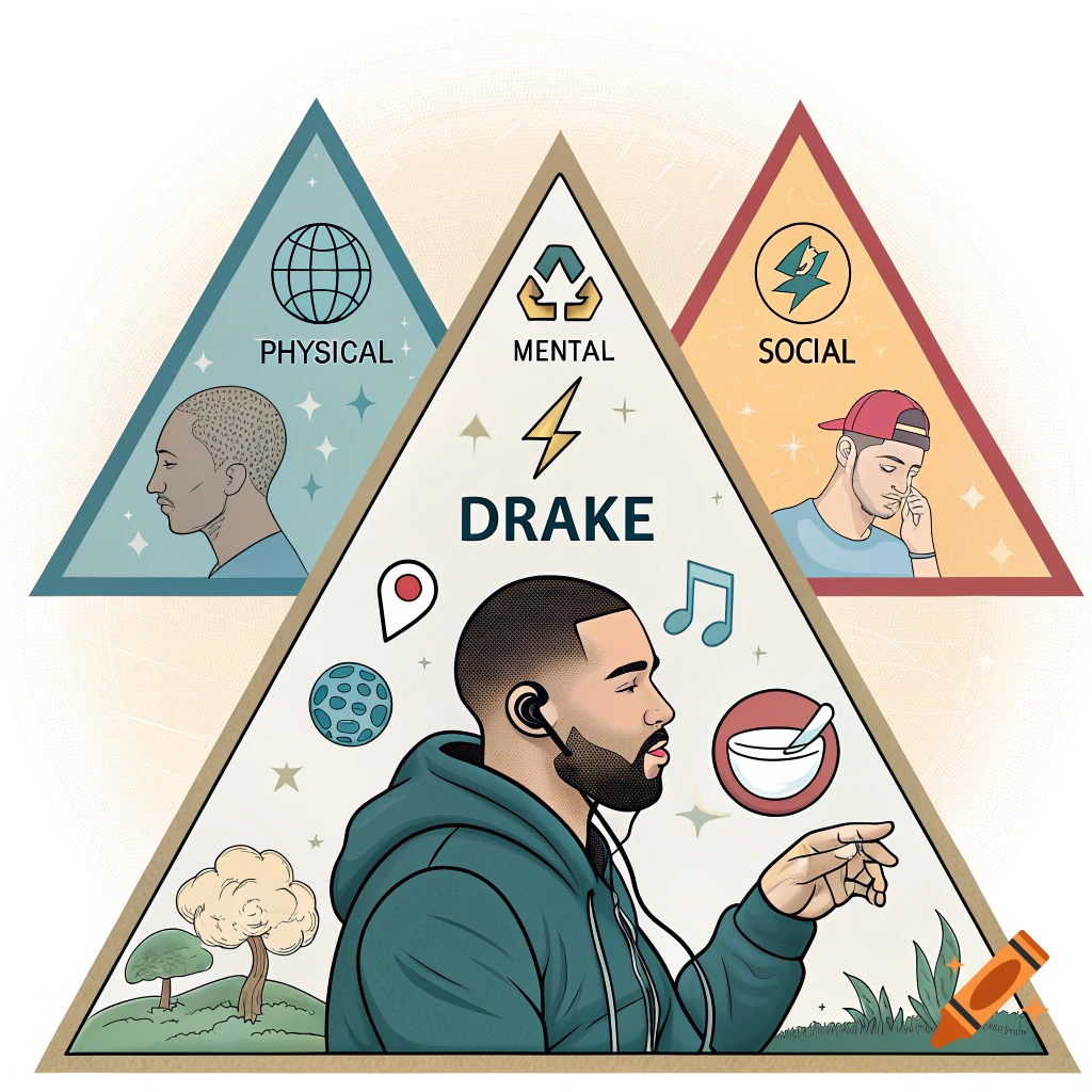 Illustration of Drake in a health triangle diagram with labels Physical ...