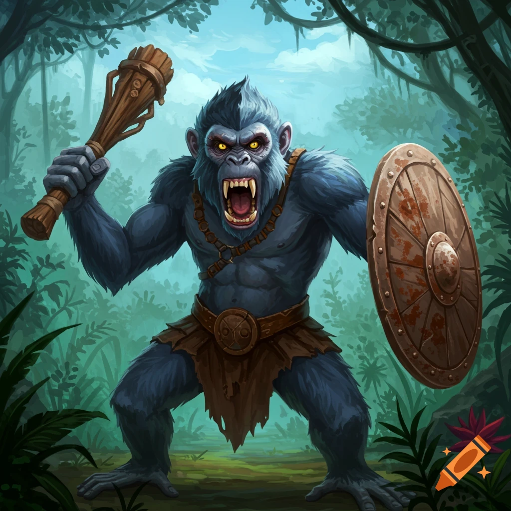 Cartoon fantasy illustration of an angry blue gorilla warrior holding a club and shield in a ...