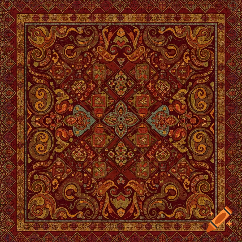 An intricate, detailed square pattern in rich red, gold, orange, and ...