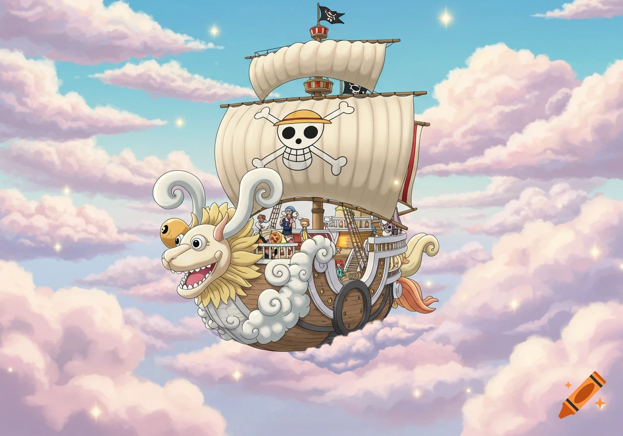 One Piece anime ship flying through clouds in the sky on Craiyon
