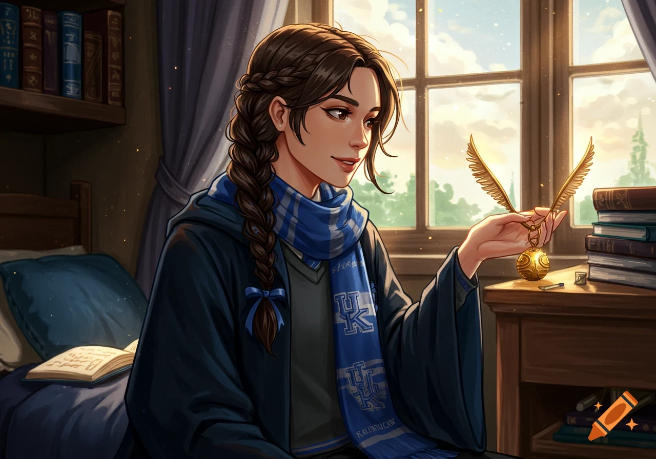 Illustration of a young woman in a Ravenclaw robe and scarf holding a ...