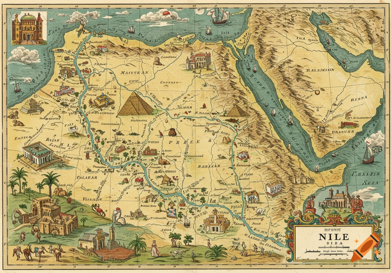 Detailed historical map of the Nile River region with illustrations of ...