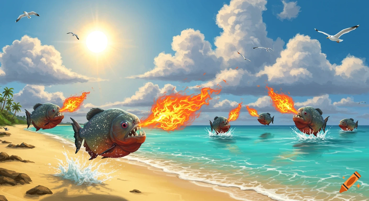 Fire-breathing piranhas jump out of the ocean onto a sandy beach under ...