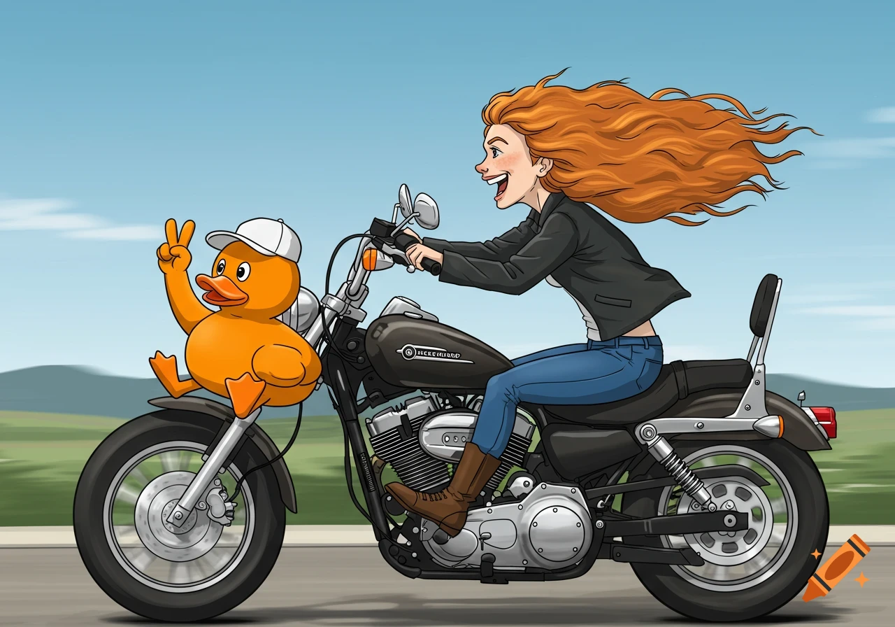 Cartoon of a redhead woman and a rubber duck riding a motorcycle. on ...