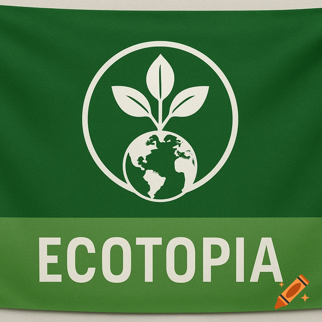 Green flag with plant and earth symbol and the text ECOTOPIA. on Craiyon