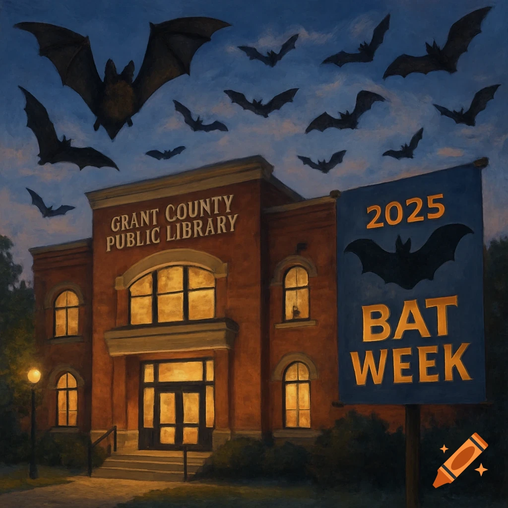 A painted scene of a library building at night with bats flying and a banner for 2025 Bat Week ...